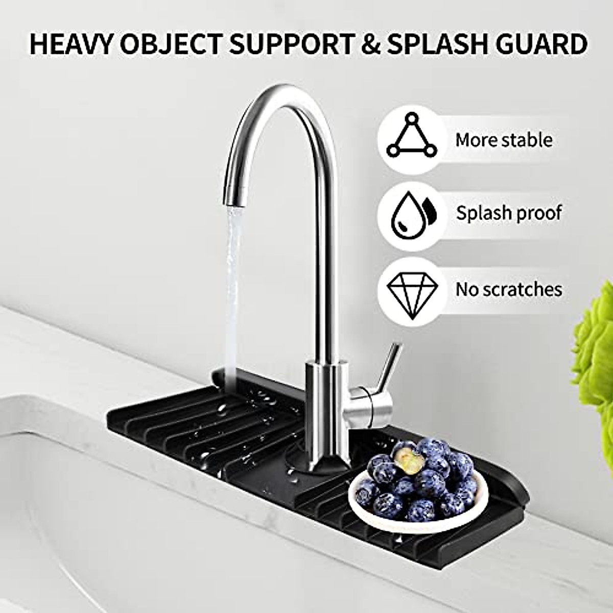 homfanseec Kitchen Sink Splash Guard, Silicone Faucet Handle Drip Catcher Tray, Reusable Faucet Absorbent Mat for Kitchen Sink, Faucet Splash Catcher Kitchen Guard for Faucet Black