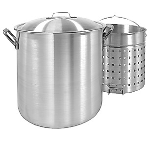 Bayou Classic 1000 Handcrafted 100-qt Aluminum Bayou Boiler Features Heavy-Duty Riveted Handles Reinforced Boiling Basket w/ Helper Handle Made w/ Heavy Gauge Aluminum