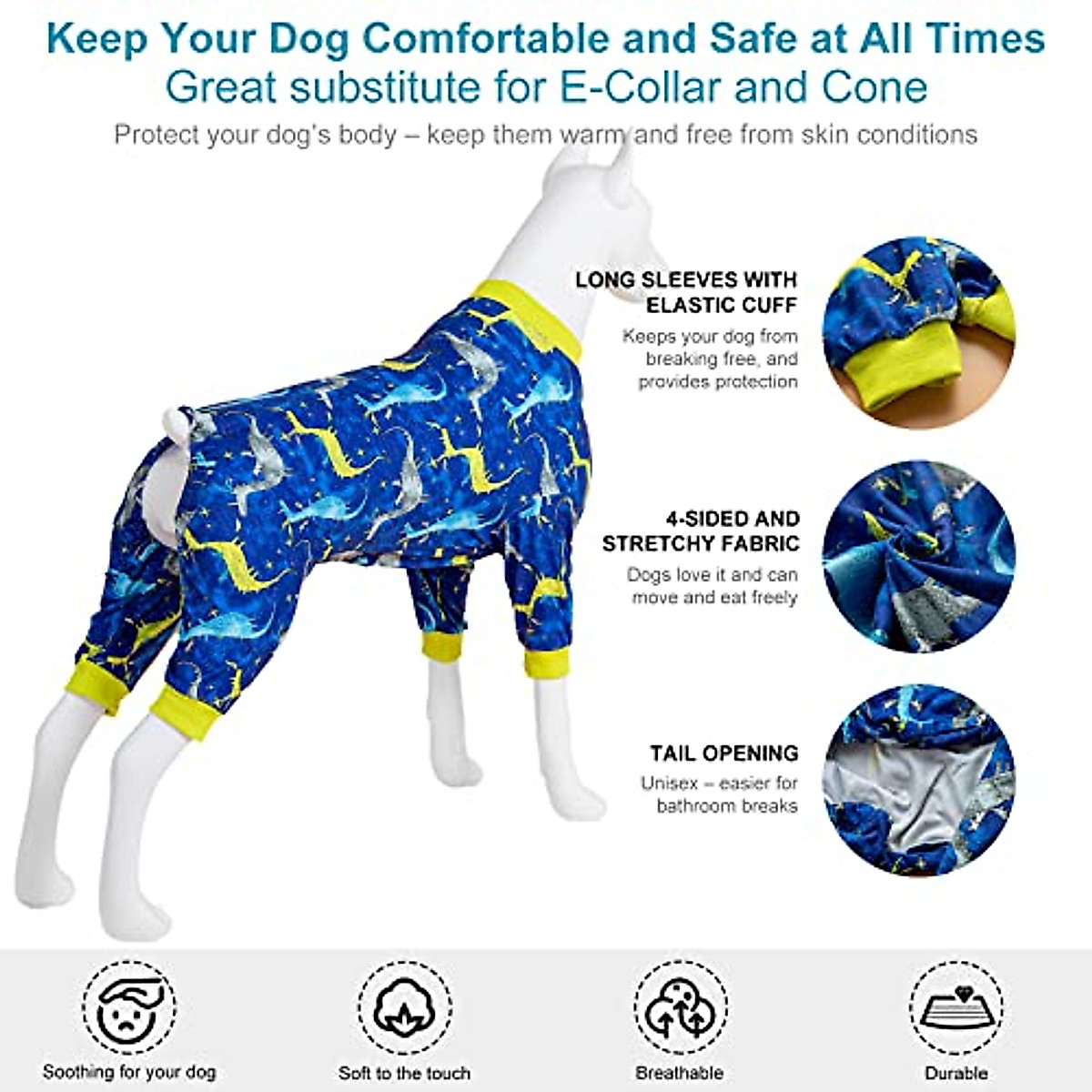 LovinPet Clothes For Female Doberman Dogs - Pet Anxiety Calming Dog Jammies for After Surgery, Lightweight Fabric, Blue Dragon Print, Large Dog Pjs,Long-sleeved 4 Leg Style Pullover Dog Onesie,Blue XL