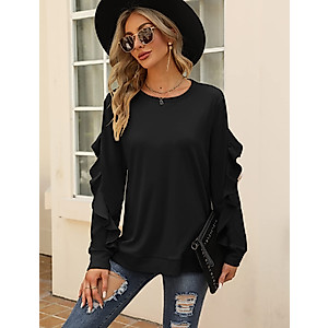 Saloogoe Womens Sweatshirt Ruffle Long Sleeve Tops Fall Clothes Black M