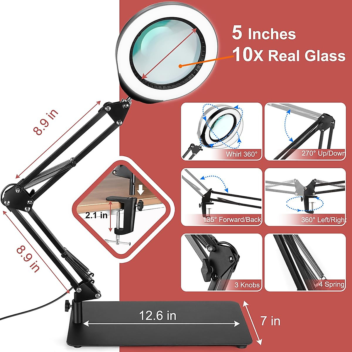 10X Veemagni 2-in-1 Magnifying Glass with Light and Stand, 3 Color Modes Stepless Dimmable, Real Glass Desk Lamp & Clamp, LED Lighted Magnifier with Light for Reading Crafts Repair Close Works