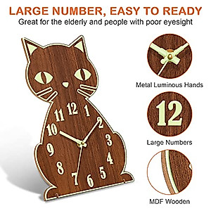 Night Light Wall Clock - Cat Wall Clocks Glow in Dark, Silent Non-Ticking Wood Clocks Battery Operated, Rustic Farmhouse Modern Clock Decorative for Kitchen Living Room Bedroom (12 Inch)
