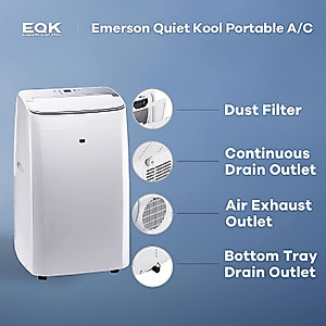 Emerson Quiet Kool 14000 BTU ASHRAE/10000 BTU DOE 115V Portable Air Conditioner with Dehumidifier and Remote Control, AC for Apartment, Bedroom, Medium/Large Rooms up to 550 Sq. Ft. in White