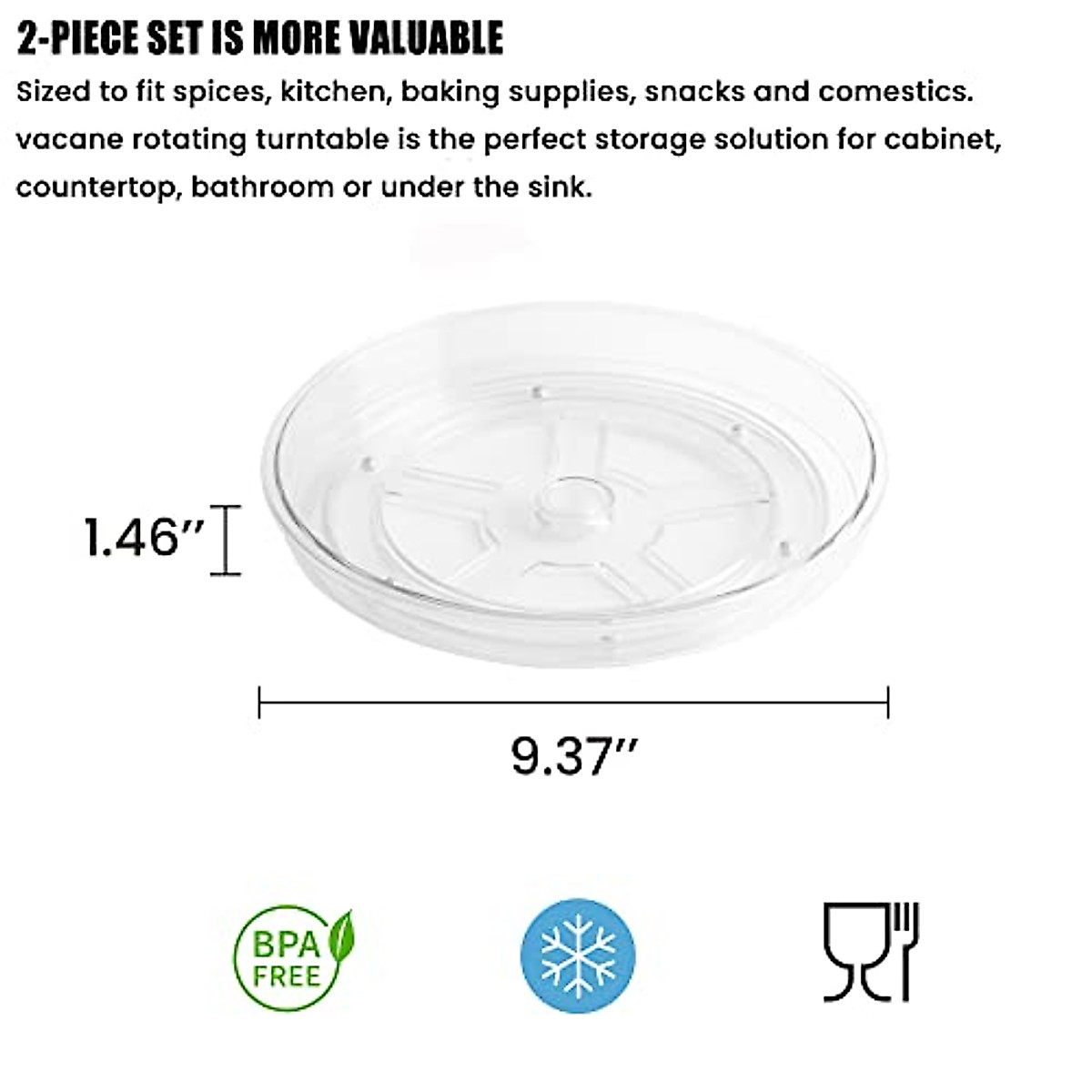 vacane 2 Pack Clear Lazy Susan Organizer Turntable for Cabinet Pantry Lazy Susan 10" Cabinet Organizer for Kitchen, Refrigerator Countertop, Bathroom