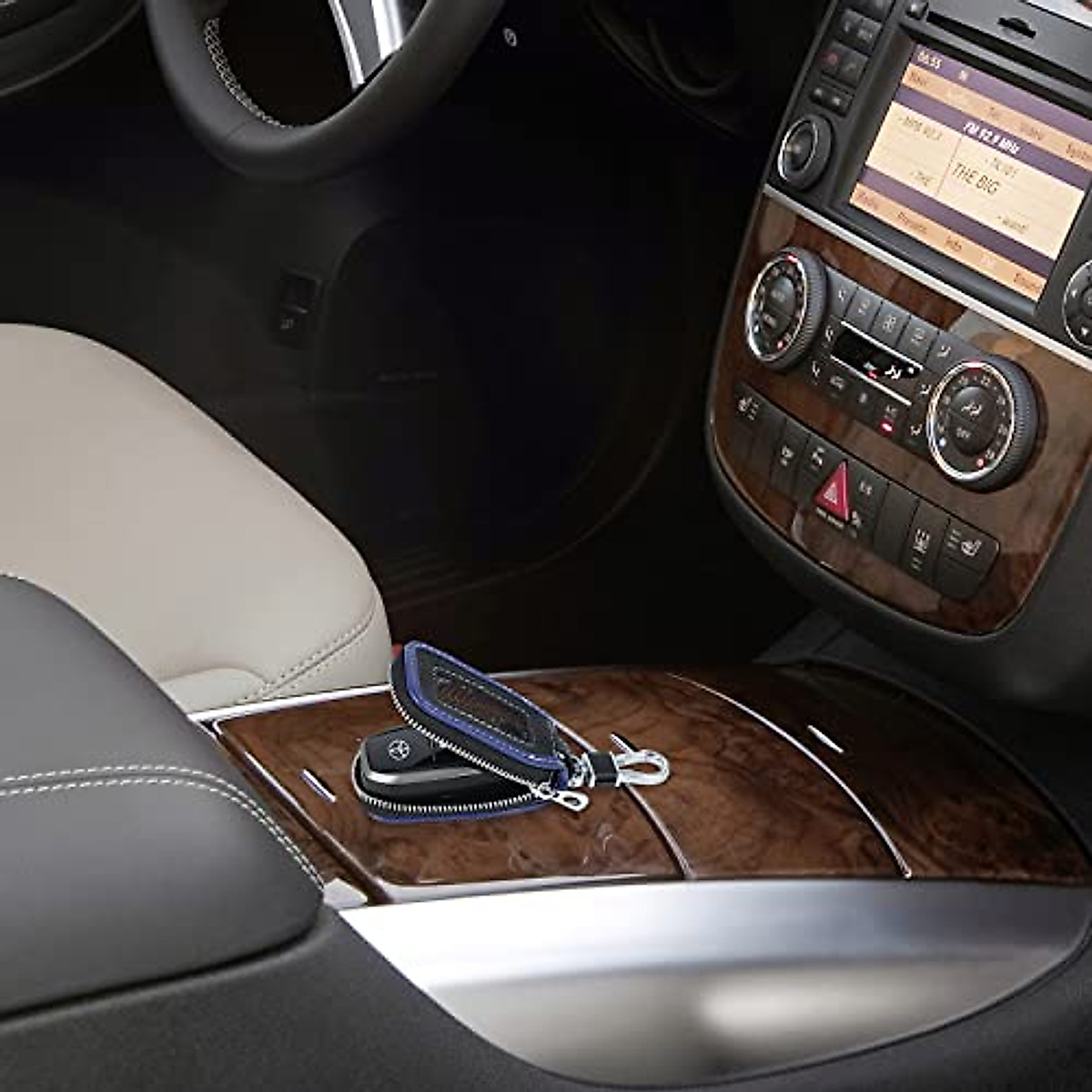 DAYGOS Universal Car Key Case Holder, Leather Car Smart Key Fob Cover with Hook and Keyring Zipper Bag, Keychain Protector Case for Remote Key Fob, Blue, 2 Pack