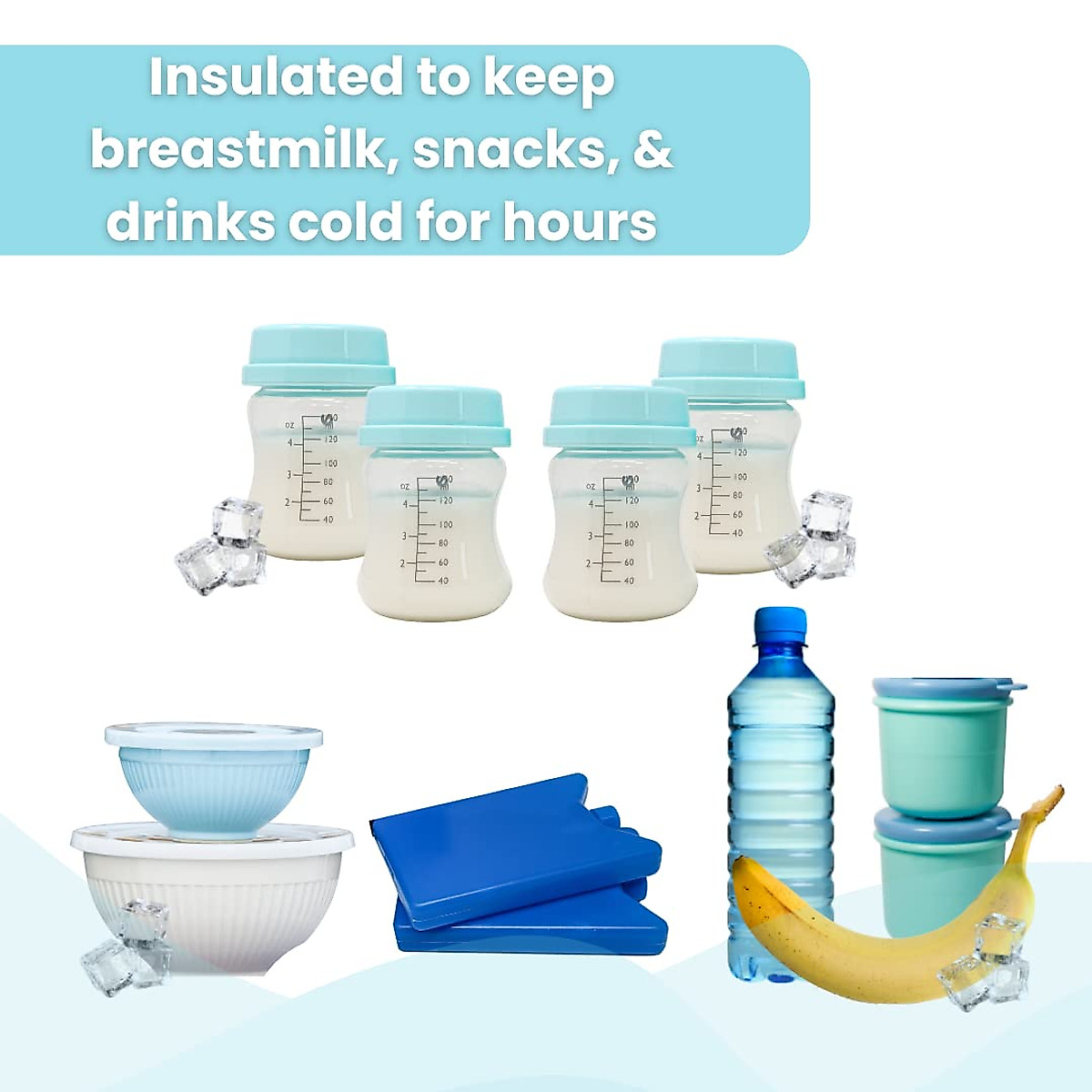 Zomee Breastmilk Baby Bottle Cooler Travel Bag - Insulated to Keep Milk Cold - Includes 2 Ice Packs and 4 Bottles - Perfect for Nursing Moms