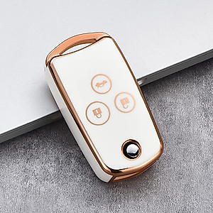 SANRILY Keyless Golden-Edge 3 Button Flip Key Fob Cover for Acura MDX TL TSX ZDX RSX for Honda Civic IX Pilot Accord 8 CRV Jazz HRV Key Case with Leather Keychain Beige