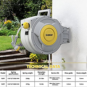 Heavy Duty hose Reel, 5/8"×100 FT Retractable Garden Hose Reel Wall Mount with 8 Pattern Hose Nozzle/Auto Rewind/Any Length Lock/180°Swivel Bracket