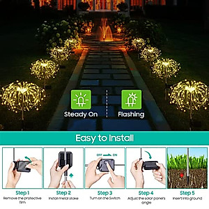 KHTO Solar Lights Outdoor Garden 120 LED Firework Lights with 8 Lighting Modes, IP65 Waterproof Solar Outdoor Lights Decorative for Walkway Patio Backyard Party (warmwhite,2)