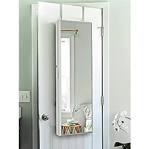LUXFURNI Mirror Jewelry Cabinet Armoire with 3-Way Mount, Standing, Wall or Door Mounted, Jewelry Organizer with Full-Length Mirror, Lockable, Large Storage, White