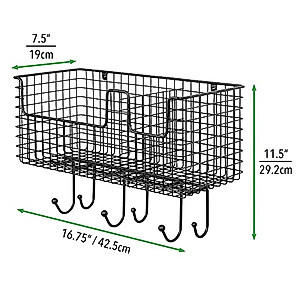 mDesign Metal Wire Farmhouse Wall Decor Storage Organizer Basket with 6 Hooks for Entryway, Hallway, Mudroom, Bedroom, Bathroom, Laundry Room - Wall Mount - Black