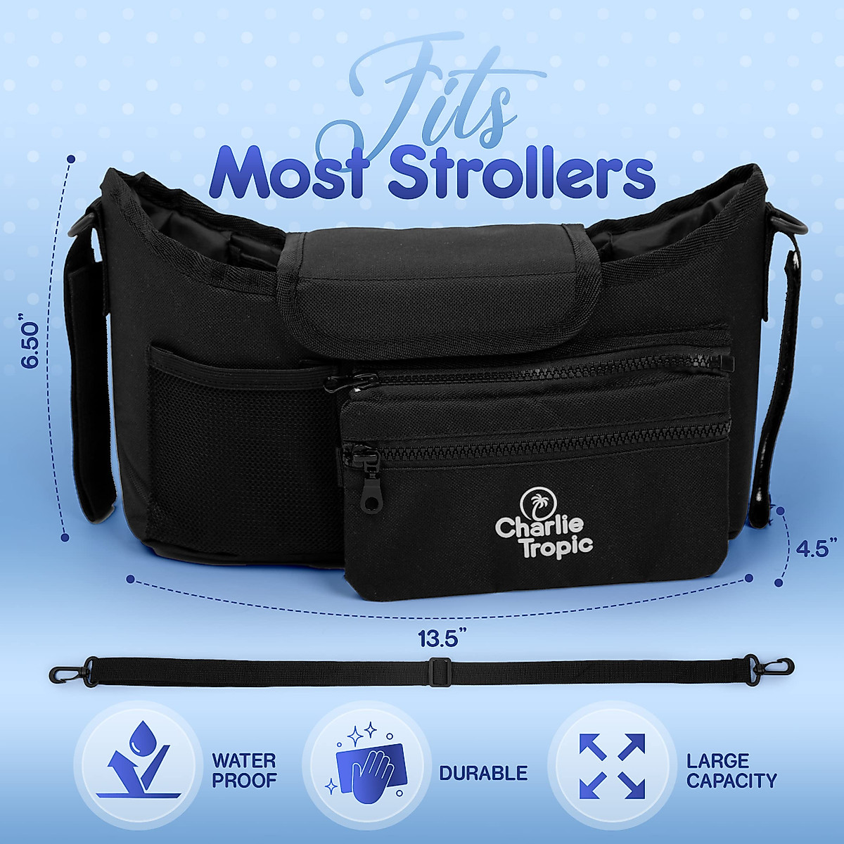 Charlie Tropic Universal Stroller Organizer with Cup Holder - Adjustable Stroller Bag Organizer with 2 Insulated Cup Holders and Detachable Wristlet Pocket for Stroller Accessories,Fits Most Strollers