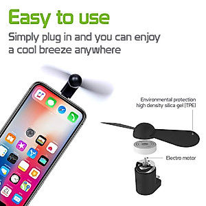 Cellet Mini Portable USB Fan Compatible with Apple iPhone 14 Pro Max Plus 13 Pro Max mini 12 Pro Max mini 11 Max XS Max Xr X 8 7 6 5 and All Other Lighting Port - Black
