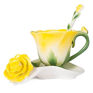 YBK Tech Creative 3D Rose Bone China Ceramic Coffee Mugs Afternoon Tea Cup and Saucer Set (Yellow)