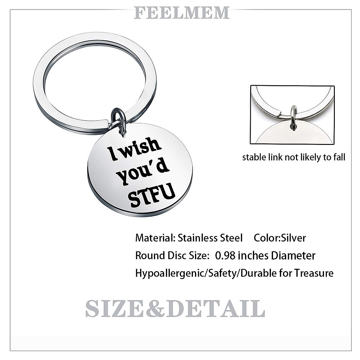 FEELMEM Friend Encouragement Gift I Wish You'd STFU Shut The Fuck Up Keychain Funny Rude Quote Sarcastic Quote Fuck Jewelry Ceramic Gift Gift for Coworker Colleague (silver)