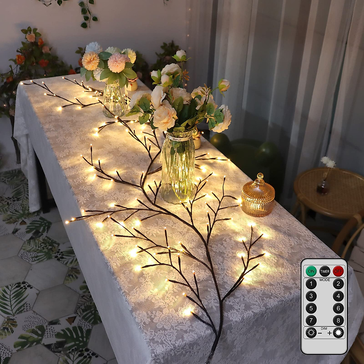 H-Wniniai Vines for Bedroom Birch Fall Garland, 6FT 18 Branches 144LED, 8 Modes Artificial Plants Lighted Willow Vine with Remote Control, Wall Decor for Room Decor, Wall Lights
