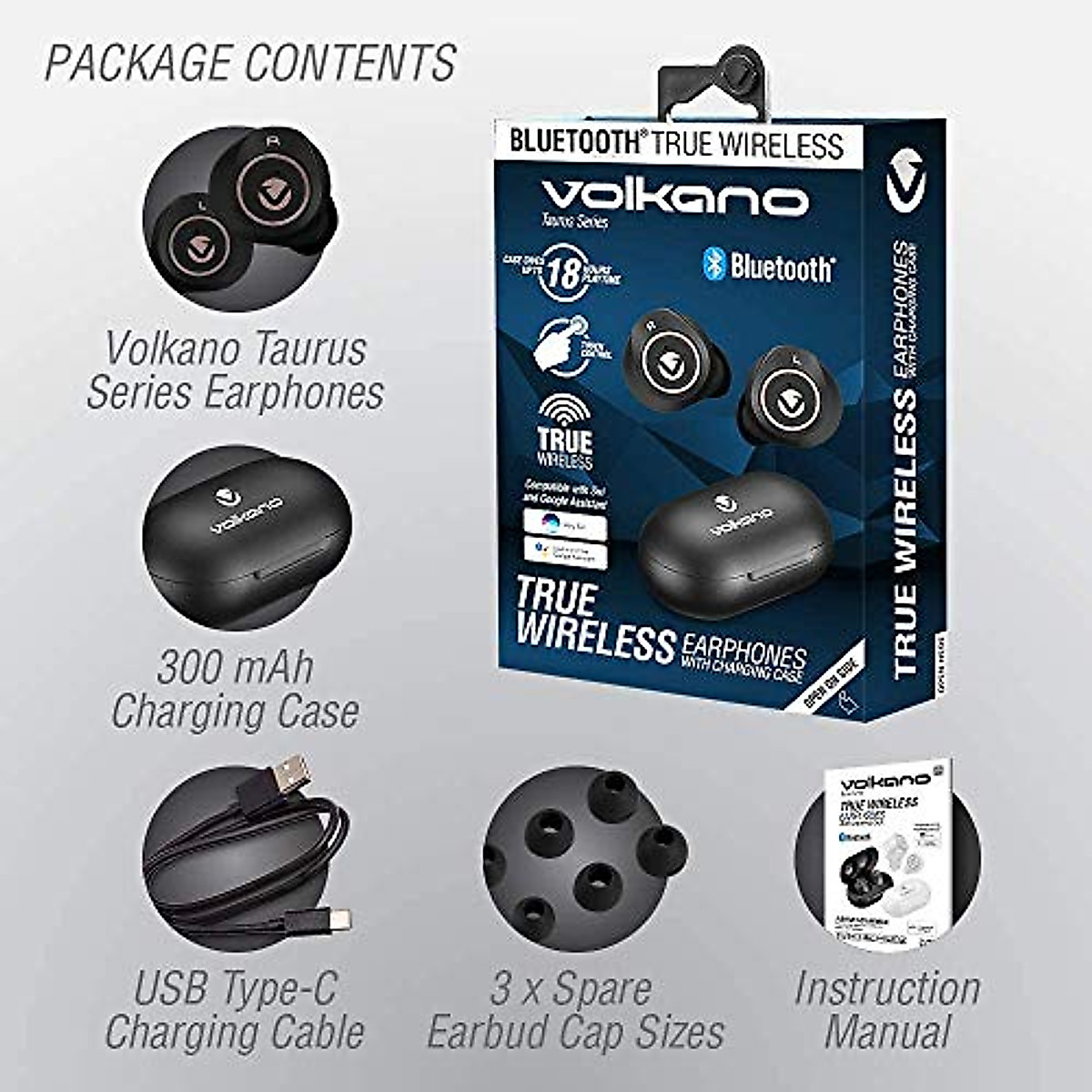 Volkano IPX4 True Wireless Earphones Bluetooth Earbuds with Charging Case, 18 Hour Playtime Typc-C Fast Charging, Auto Reconnect, Lightweight Pocket-Sized [Black] - Taurus Series