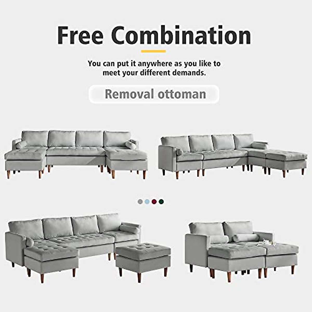 wirrytor Modular Sectional Sofa, Velvet U Shaped Couch, Modular Sectional with Reversible Ottomans for Living Room, Grey