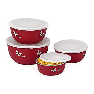 King International Microwave Safe Stainless Steel Red Designer Round Airtight Lid Food Storage Containers Set of 4,Stackable Mixing Bowl with Lid, Tiffin, Lunch Box