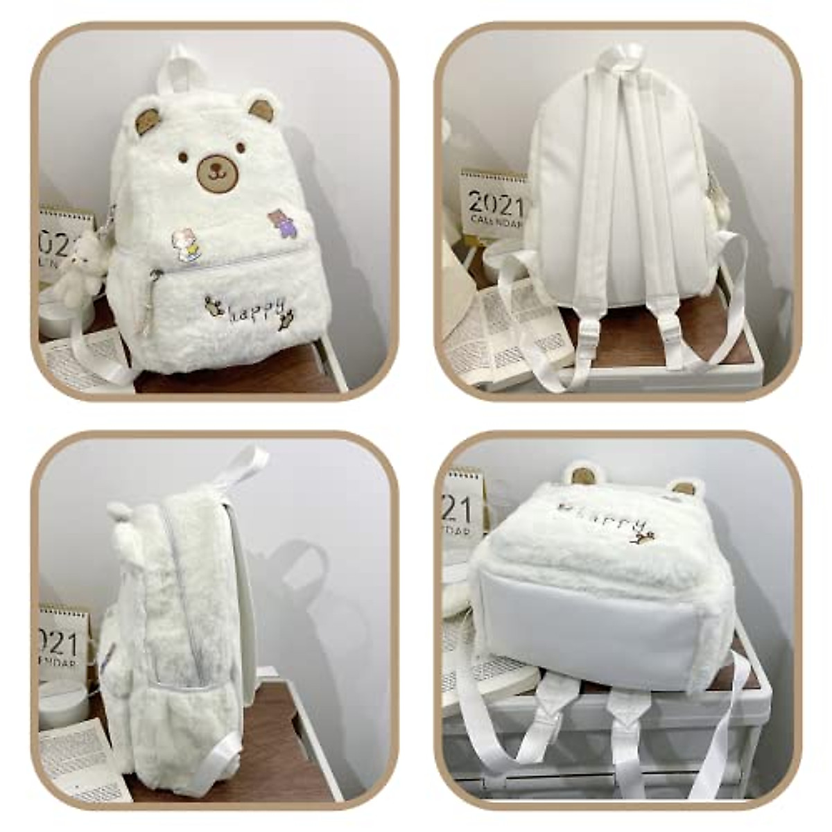 Kawaii Backpack for Girls Cute Fluffy Bear Japanese Style Rucksack (Coffee)