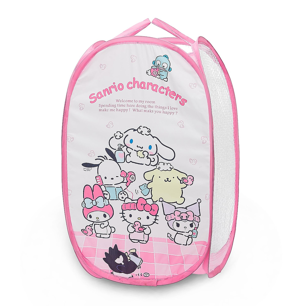 Cute Mesh Popup Laundry Hamper with Carry Handles, Large Capacity Foldable Lightweight Dirty Clothes Basket for Girls Room, Dorm | Travel & Camping