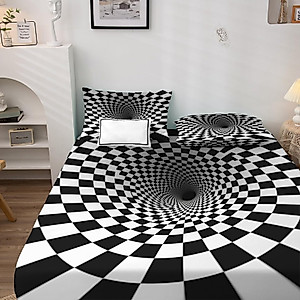 Full Size Sheet Sets - Optical Illusion Bed Sheets, Black and White Bedding Sheets & Pillowcases, Soft Microfiber & Deep Pocket & Wrinkle Free Sheet Set, 1 Fitted Sheet, 1 Flat Sheet, 2 Pillow Cases