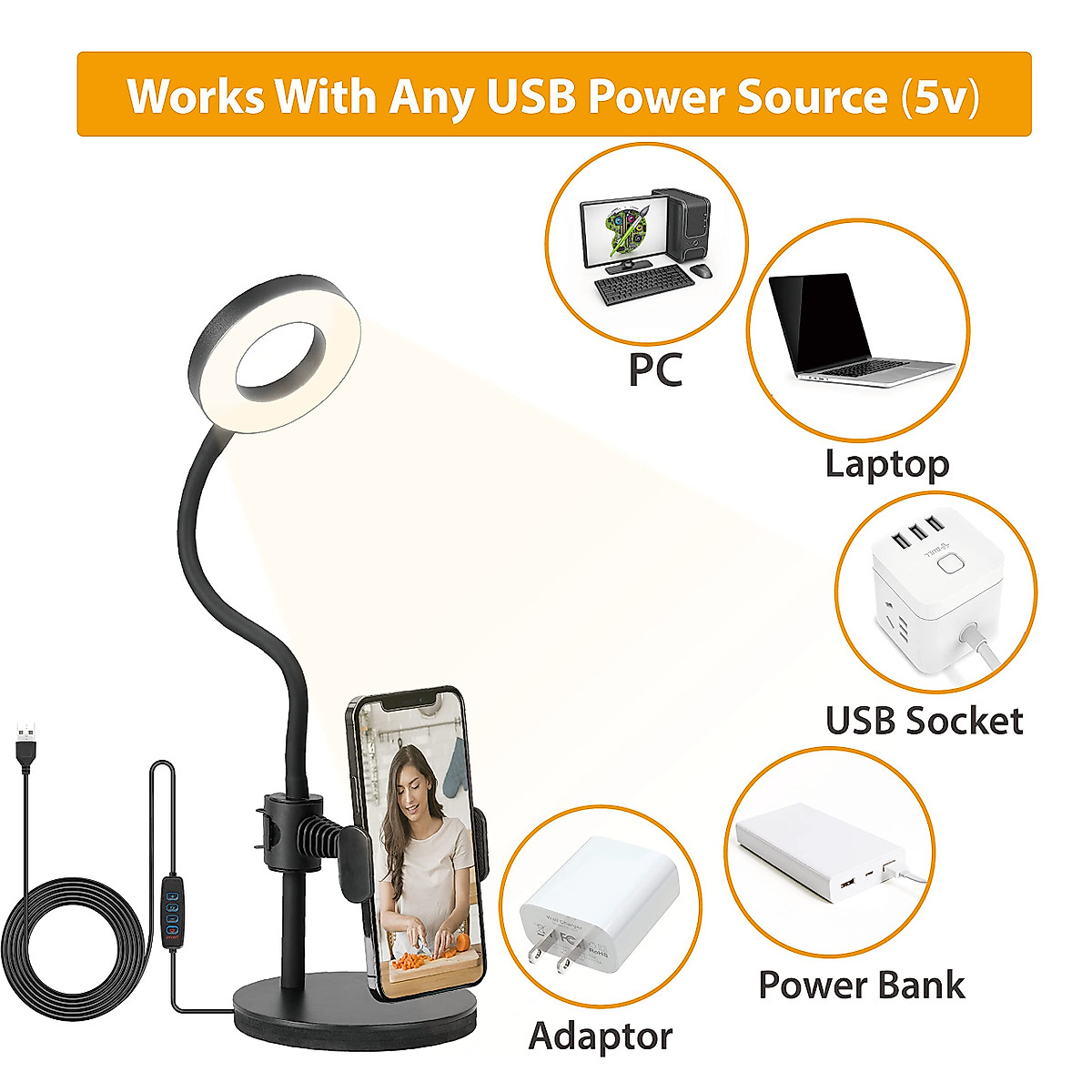 ONEXT USB LED Desk Lamp with Phone Holder Flexible Gooseneck 3 Color Modes 10 Brightness Dimmable for Reading Nightlight Work