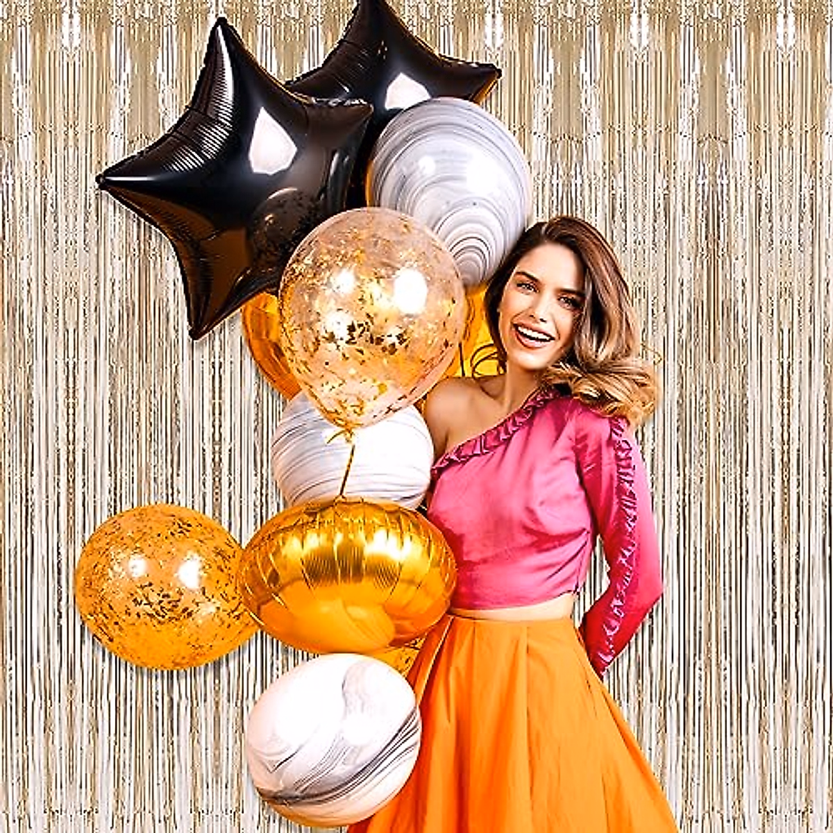 6 Pack Champagne Gold Foil Fringe Curtain Backdrop, 3.28Ft x 8.2Ft Metallic Tinsel Foil Fringe Streamer Curtains for Photo Booth, Halloween, Christmas, Birthday, Wedding Party Decorations