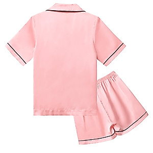 QPANCY Unisex Satin Pajamas Set Short Sleeve 2 Piece Sleepwear Button-Down Kids Nightwear Little Girls Boys Rose Silk Pjs Size 6 7