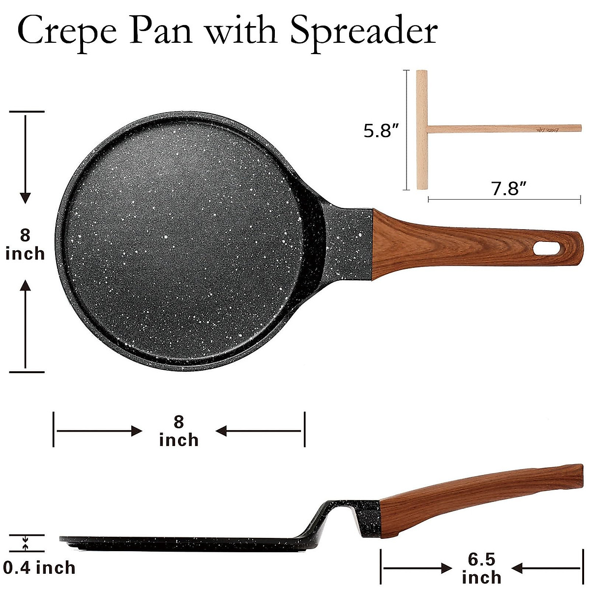 ESLITE LIFE 8 Inch Crepe Pan with Spreader, Nonstick Granite Coating Mini Flat Skillet Dosa Tawa Comales Para Tortillas Pancake Pan, PTFE & PFOA Free, Black