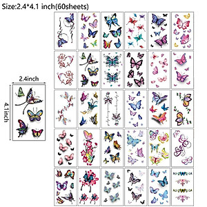 60 Sheets Waterproof Flower 3D Butterfly Fake Temporary Tattoo Sticker for Girl Lady Women