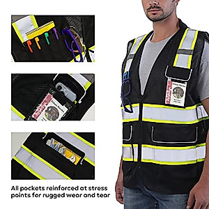 Neopelta Reflective Safety Vest Black Mesh, High Visibility Vest with Pockets and Zipper, Padded Neck, Black with Yellow Trim 2X