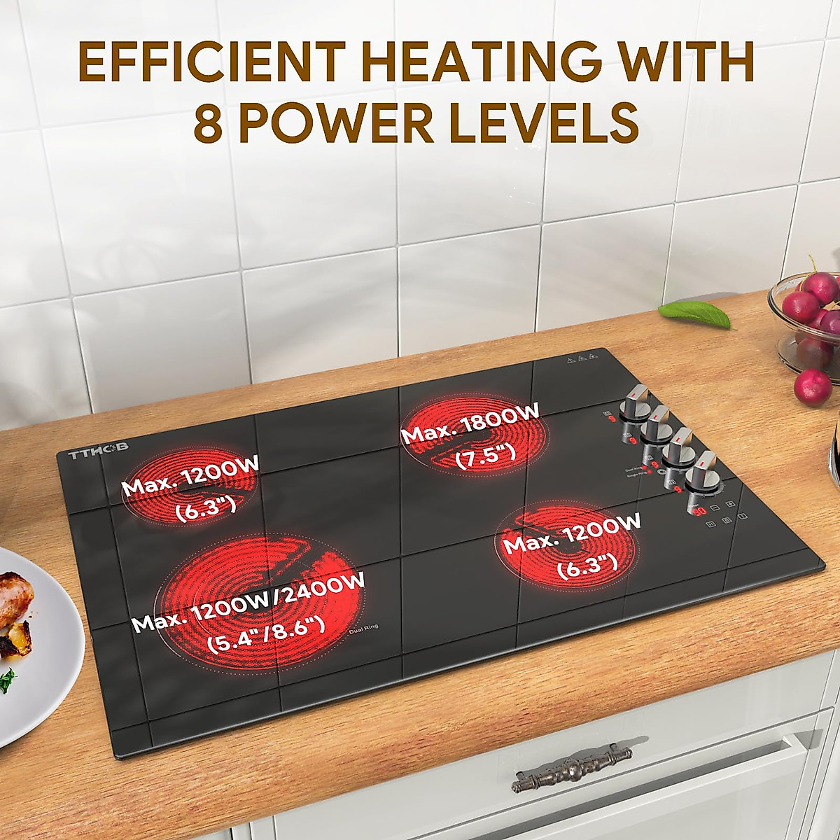 TTHOB Electric Cooktop 30 Inch, 4 Burners Electric Stove Top 220-240V 6600W Built-in Radiant Expand Outer Heating Rings, Timer, Child Lock, Residual Heat Indicator, Knob Control, Hard Wired, No Plug