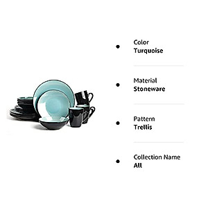 HomeVss Sonoma 16 Piece Stoneware Dinner Set, Outside Black + Inside Handpainted Color Turquoise with speckle
