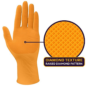 Inspire Heavy Duty Orange Nitrile Disposable Gloves | ULTRA 8 Mil Diamond Textured For Secure Grip Food Safe, Industrial Gloves Disposable Latex Free Mechanic Gloves | Nitrile Gloves