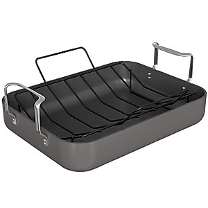 Turkey Roasting Pan, By Kook, Hard Anodized Roaster, Non stick, with Metal Rack and Stainless Steel Handles, 17 Inches from Handle to Handle (Grey)