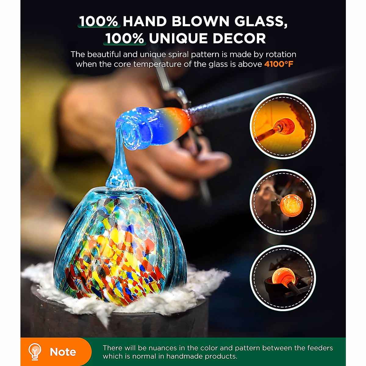 KONIZY Hummingbird Feeders for Outdoors Hanging, Hand Blown Glass Hummingbird Feeder with Attractive Spiral Pattern for Garden Decor, 30 OZ Leakproof Humming Bird Feeder with Rustproof Base