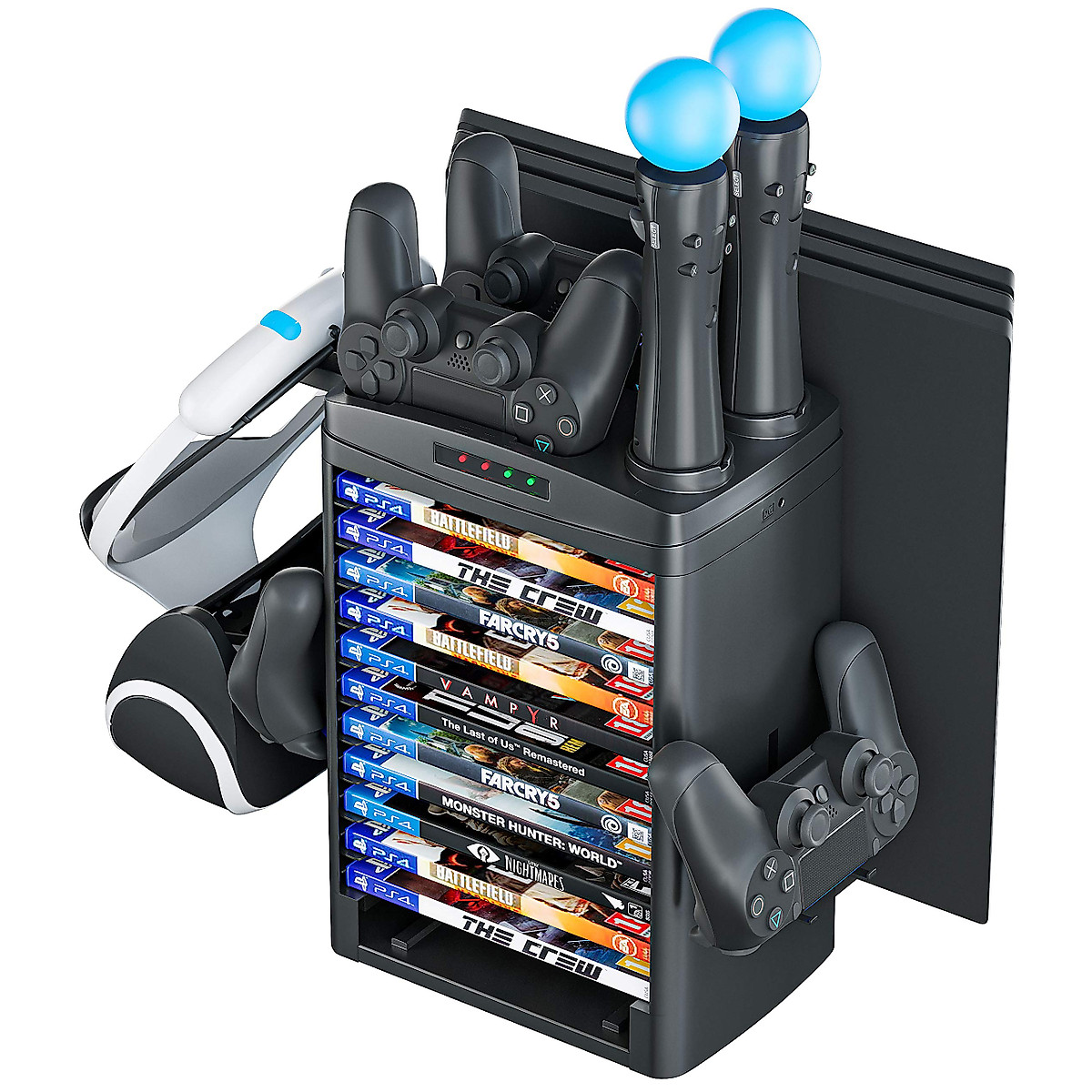 Skywin- Charging Station Compatible with PS4 VR Headset, PSVR Charging Station Stand with Game Disc Rack, Headset and Console Stand, Cooling Fan, Controller Charger and USB Hub - Multipurpose VR Stand