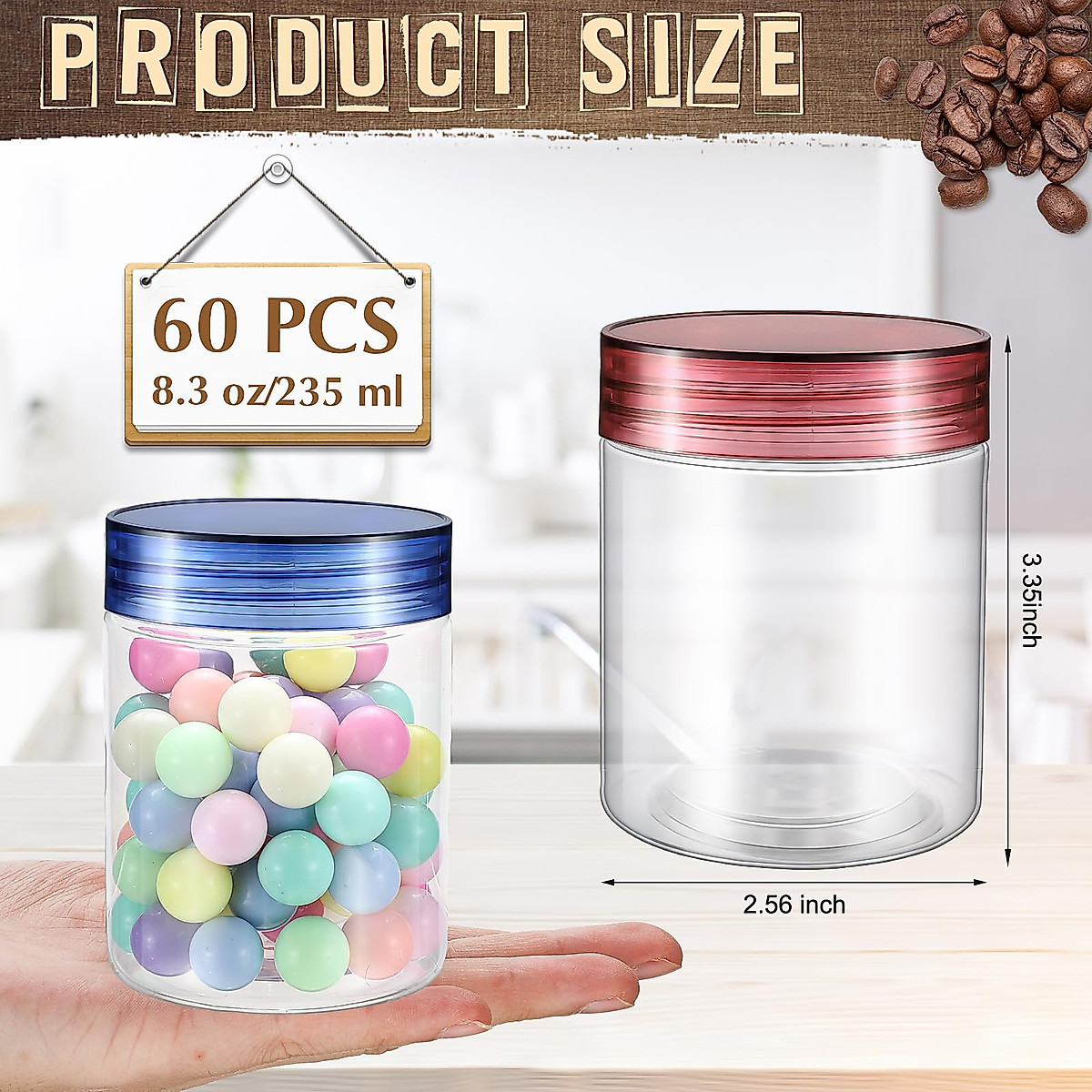 Sliner 60 Pcs 8 oz Plastic Jars with Lids Clear Round Leakproof Storage Containers Empty Refillable Plastic Mason Jars for Travel Storage Face Creams Kitchen Household Food Spice (Colorful)