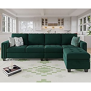 Belffin Velvet Reversible Sectional Sofa with Chasie Convertible Couch Storage Ottoman L Shaped 4-seat Green