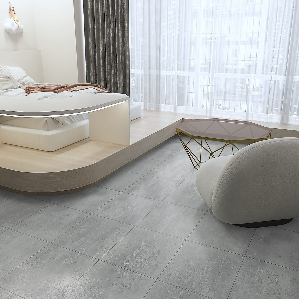 VEELIKE Vinyl Flooring, 12 Pack Peel and Stick Waterproof Self Adhesive Floor Tiles, 12''x12'' Grey Concrete Design, Removable Stick On Floor Tiles for Bathroom Kitchen Bedroom