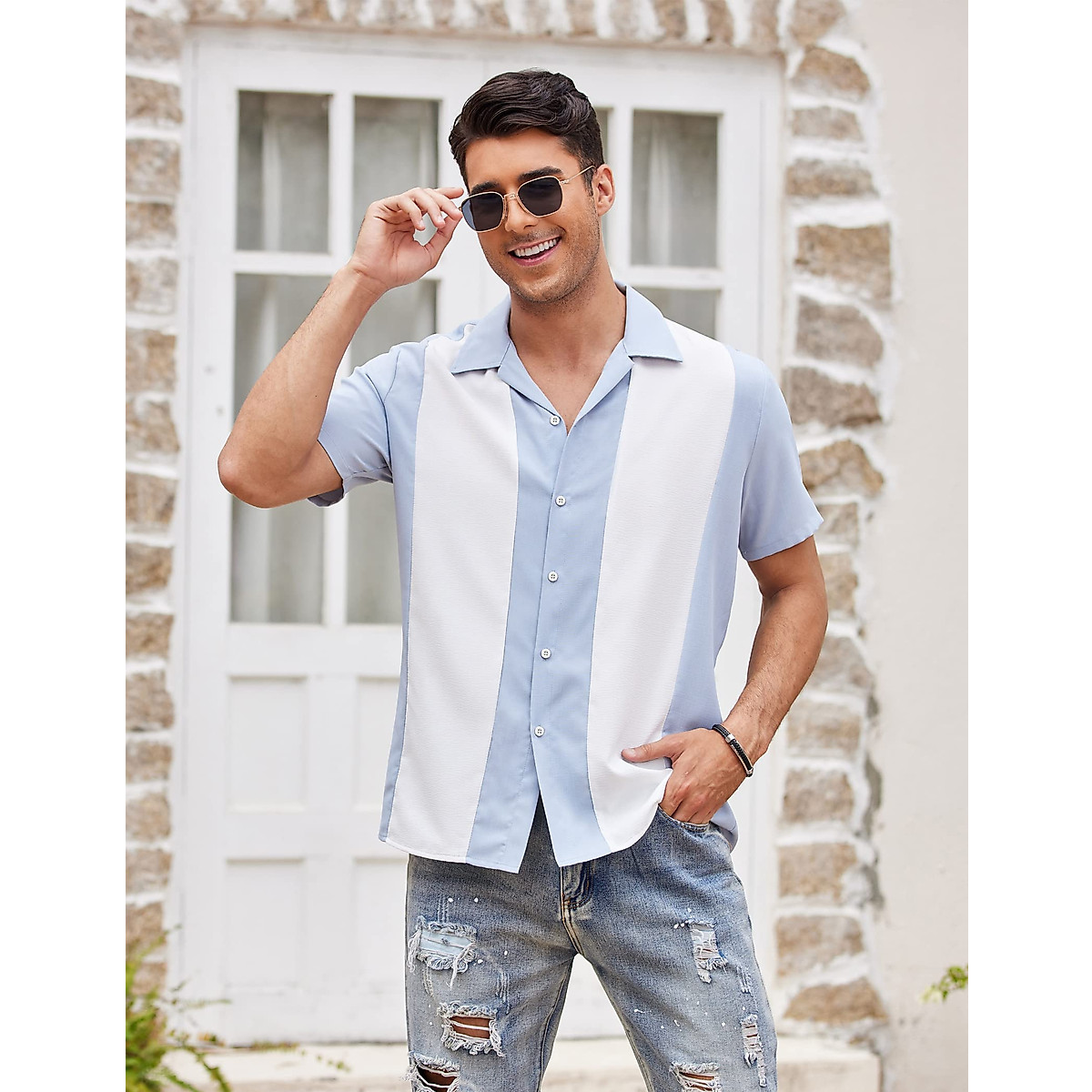 COOFANDY Men's Casual Button Down Shirts Retro Bowling Shirts Beach Wear Clothing Light Blue White