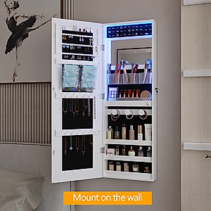 Vlsrka Jewelry Mirror Cabinet with LED Lights, Wall Mounted/Door Hanging Full-Length Jewelry Mirror, Lockable Storage Cabinet, Built-in Makeup Mirror for Bedroom Cloakroom (White)