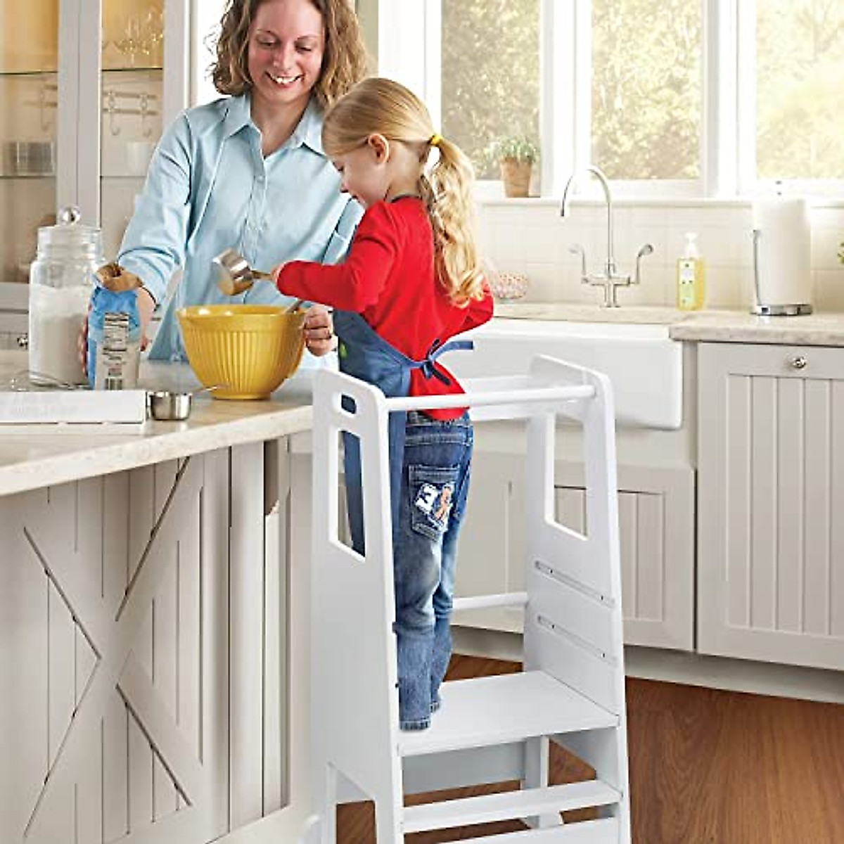 Kid's Wooden Kitchen Step Stool, 220lbs Capacity, Adjustable Platform Standing Tower, with Safety Guardrail Child Studying Tower, Toddler Stool for Bathroom, Cooking Helper（White
