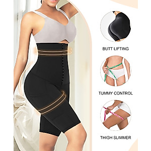 FeelinGirl Womens Tummy Control Waist Trainer High Waisted Shorts Corset Body Shaper Shapewear with Pockets Black