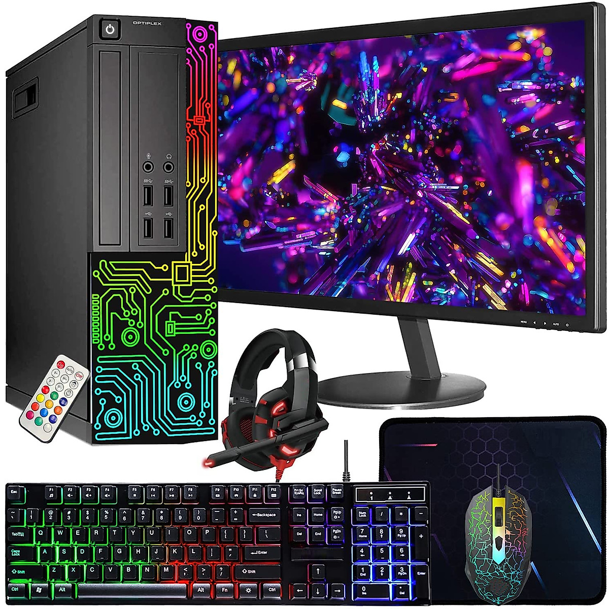 Dell OptiPlex Desktop RGB Computer PC, Intel i5 Quad-Core Processor, 16GB RAM, 512GB SSD, 24 Inch HDMI Monitor, RGB Keyboard Mouse and Headset, WiFi, Windows 10 Pro (Renewed)
