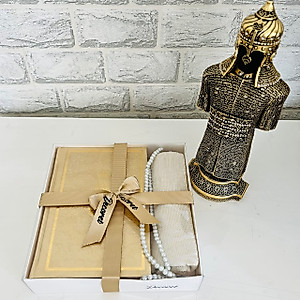 Muslim Prayer Rug,Full Arabic Thermo Leather Covered Quran(8 * 5.5 inc / 20 * 14 cm) and Prayer Beads I Perfect Islamic Gift I Muslim for Men&Women I Soft Islamic Prayer Mat | Luxury Gifts (Gold)