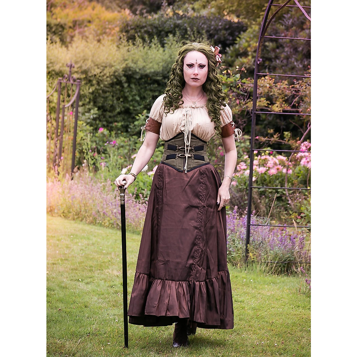 Scarlet Darkness Women Gothic Steampunk Pirate Skirt Victorian Bustle Skirts High-Low Brown L