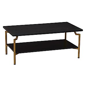 Household Essentials Crown Rectangular Coffee Table with Storage Shelf Black Oak Wood Grain and Gold Metal