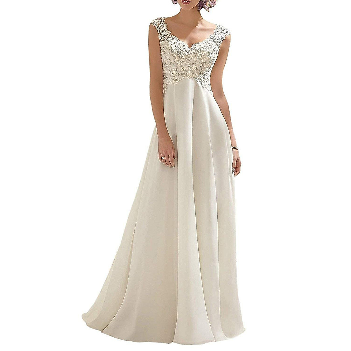 Abaowedding Women's Wedding Dress Lace Double V-Neck Sleeveless Evening Dress Ivory US 6 Fulfilled by Amazon